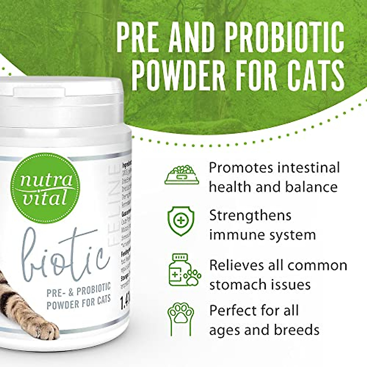 NutraVital - Biotic for Cats, Cat Probiotic and Prebiotic Supplement, Cat Essentials for Indoor Cats & Outdoor, Cat Supplements for Digestive & Immune System Support, Cat Probiotic Powder, 40 g