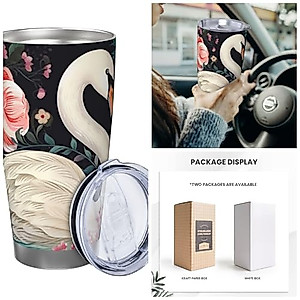 Floral Swan Tumbler with Lid and Straw 20oz Stainless Steel Car Cup for Hot and Cold Drinks, Double Wall Insulated Travel Coffee Mug Reusable Drink Thermos Cup Birthday Gifts