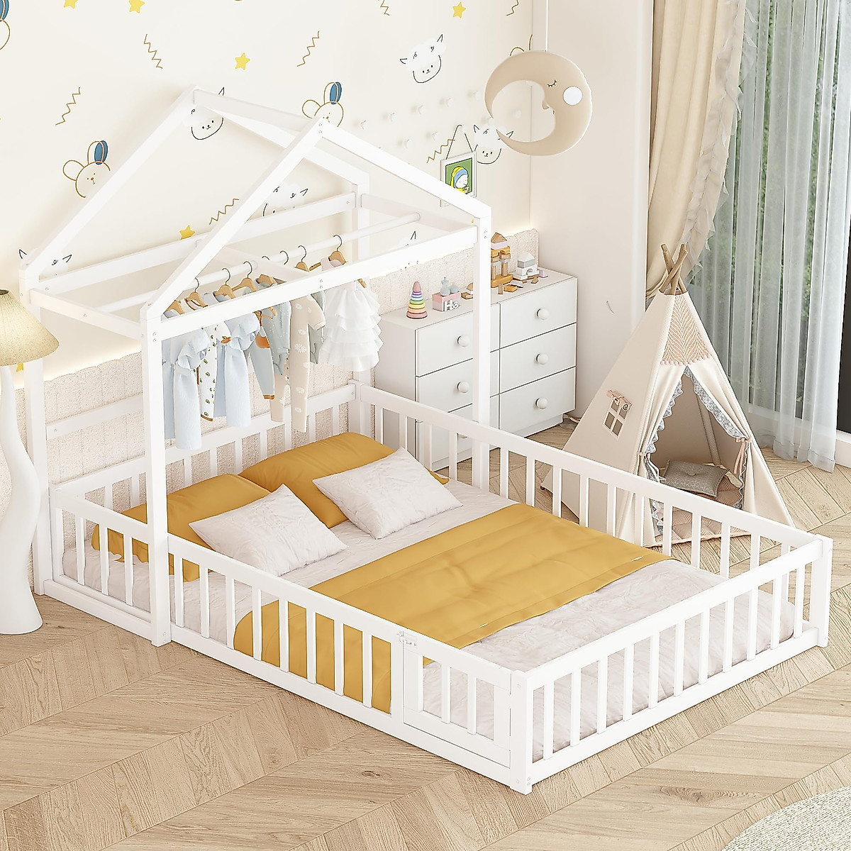 Merax Full Size Montessori Floor Bed with Fence and Door for Children Girls Boys, Wood Bed Frame with Full-Length Guardrails and Detachable House-Shaped Headboard,No Weight Limit, Kids Playroom, White
