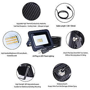 MIWAT 2Pack 20W LED Flood Light with 5FT Cord, Plug in Safety Lights for Flag, Garden, Indoor and Doorway (Black Shell, Warm White)