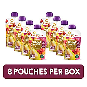 Happy Tot Organics Stage 4 Baby Food Pouches, Gluten Free, Vegan Snack, Fiber & Protein Fruit & Veggie Puree, Pears, Raspberries, Butternut Squash & Carrots, 4 Ounce (Pack of 8)