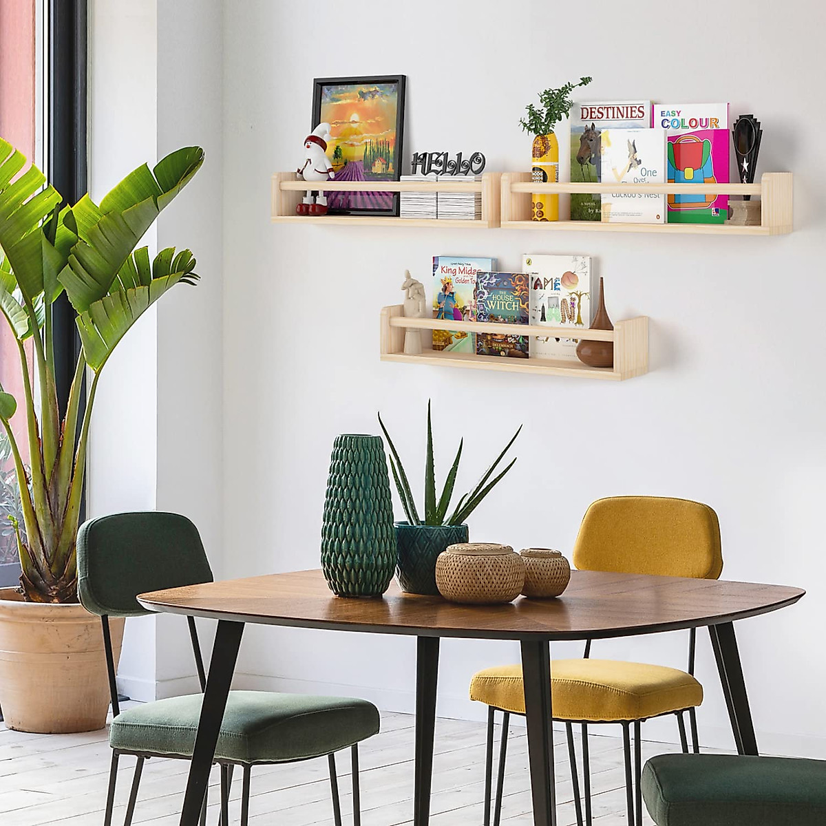 ZCO Floating Nursery Book Shelves for Wall Set of 3, 24 Inch Wall Mounted Wood Book Shelf for Living Room, Bedroom Decor, Kitchen Spice Rack, Small Farmhouse, Natural