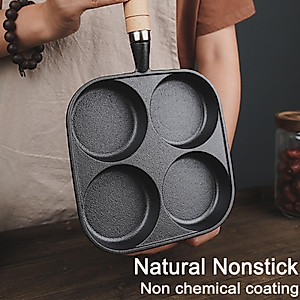 JUSTUP Nonstick Frying Pan,4-Cup Cast Iron Egg Pan Divided Grill Pan with Wooden Handle,Breakfast Skillet Omelet Pan for Egg,Steak and Burgers (Black)