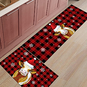 Arts Print Kitchen Rug Mat Set of 2,Farm Cow with Christmas Hat and Scarf Red and Black Buffalo Plaid Runner Rug,Non-Slip Durable Kitchen Floor Mat for Sink,15.7x23.6Inch+15.7x47.2Inch