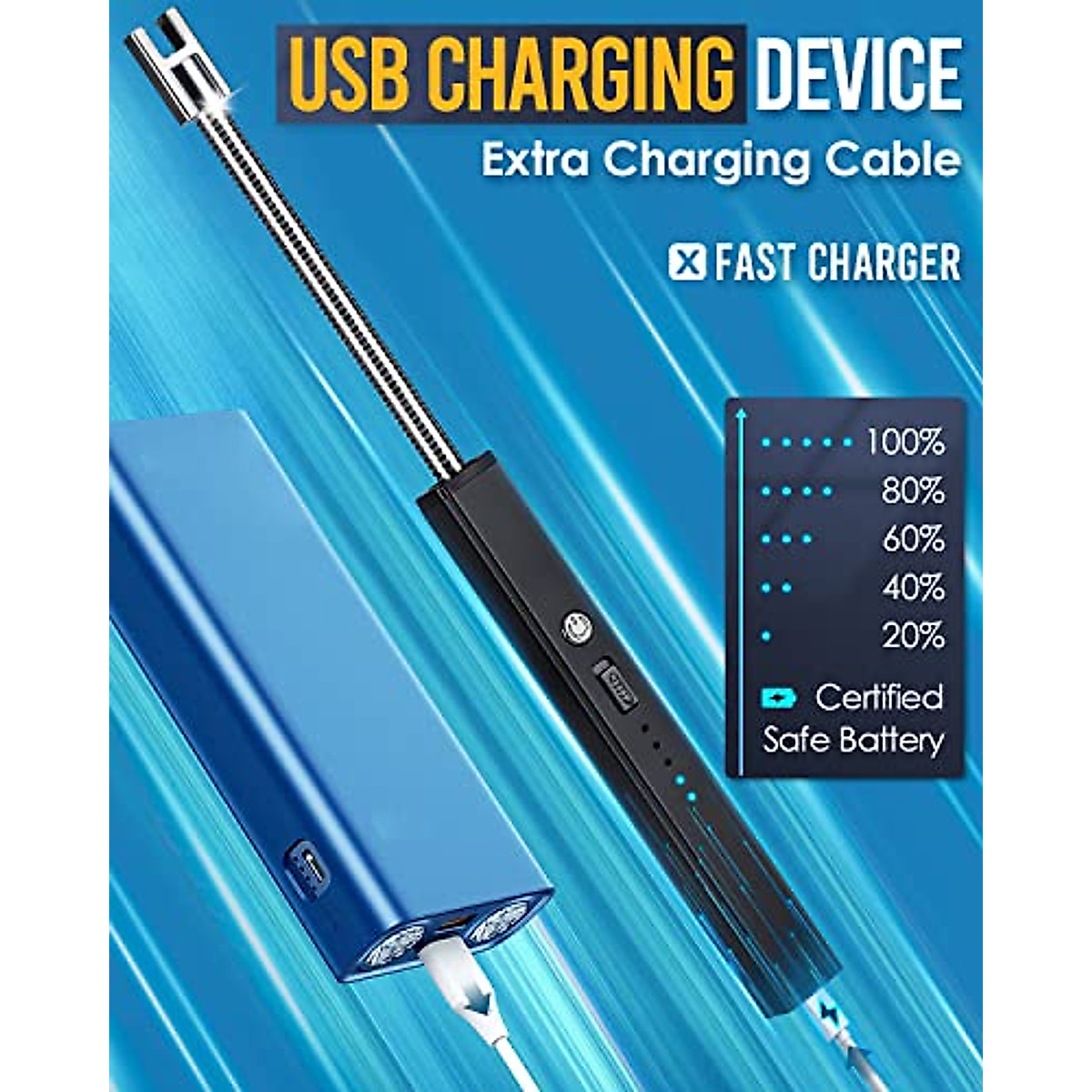 Electric Lighter for Candle USB Rechargeable - Stocking Stuffers for Men Women Upgraded Plasma Arc Lighter with LED Display Flameless Safety Lock Long Lighter for Grill Cooking Camping