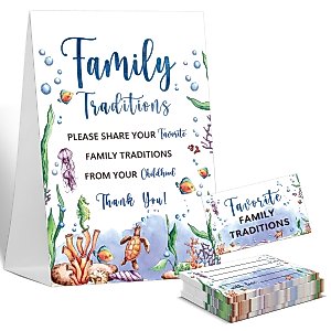 Baby Shower Games Family Traditions Sign, 1 Standing Sign and 50 Cards, Ocean Under The Sea Gender Neutral Decoration, Gender Reveal Party, Bridal Shower Favor Supplies-LT58