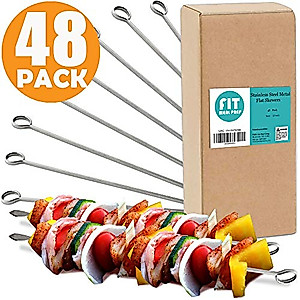 [48 Pack] 12” Stainless Steel Flat Metal Skewers - Kabob Grilling Sticks, BBQ Mediterranean Mexican Cocktail Party, for Appetizers Shish Kebab Meat Fruits Vegetables Picks, Dishwasher Safe