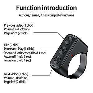 Vekesen TIK Tok Kindle App Bluetooth Remote Control Page Turner TikTok Remote Scrolling Ring clicker for iPhone iPad Camera Remote Shutter Selfie Button (Obsidian Black)