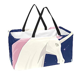 KQNZT Reusable Grocery Bags, Heavy Duty Reusable Shopping Bags, Large Tote Bags with Long Handles and Reinforced Bottom, Unicorn Cartoon Castle