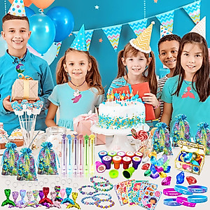 97 pcs Mermaid Party Favors Birthday Party Supplies Bubble Wands Stickers Bags Necklaces Keychains Bracelets Diving Gem Stamps Decorations Toys for Kids Girls Goodie Bag Fillers Summer Sea Toys Prize