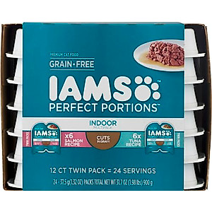 Iams Perfect Portions Indoor Adult Grain Free Wet Cat Food Pate Variety Pack, Salmon and Tuna Recipes, 2.6 oz. Easy Peel Twin-Pack Trays (12 Count, 24 Servings)