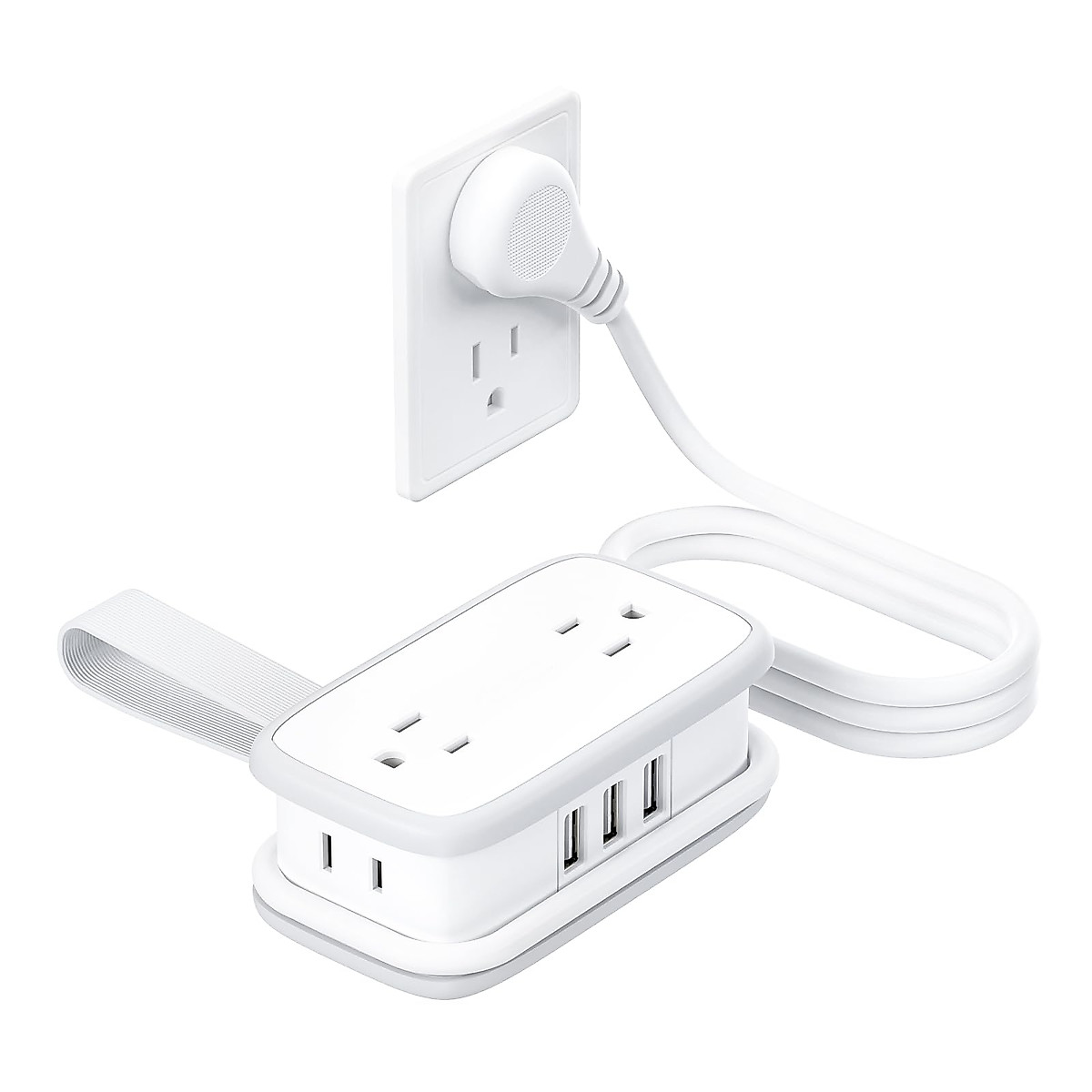 Travel Power Strip with USB Ports, NTONPOWER 4 Outlets 3 USB with 4FT Wrapped Short Extension Cord Flat Plug, USB Portable Desktop Charging Station, Compact for Hotel Travel Cruise Essentials, White