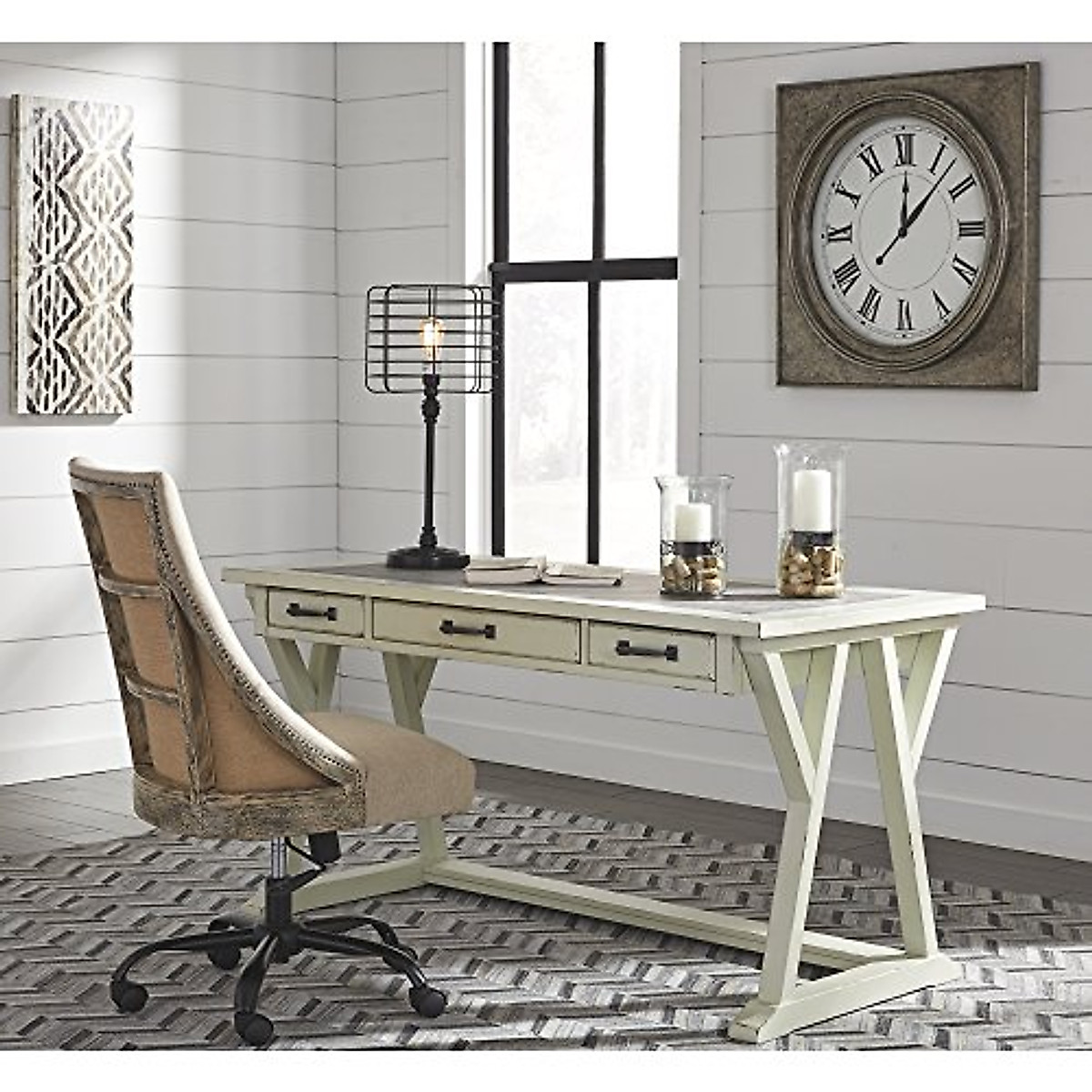 Signature Design by Ashley Jonileene Farmhouse Home Office Desk with Drawers, White & Gray