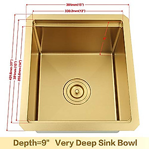 LQS Kitchen Sink Drain Strainer Assembly and Gold Undermount Bar Sink, RV Sink, Handmade Stainless Steel Bar Sink 15" x 17", 16 Gauge Workstation Sink