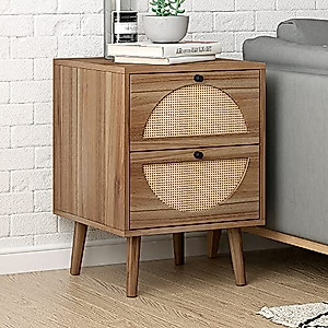 affeivul Rattan Nightstand Set of 2, End Side Table with 2 Rattan Drawers, Boho Accent Bedside Tables, Mid Century Nightstand with 2 Natural Rattan Drawers for Bedroom, Living Room,Sofa (Walnut)