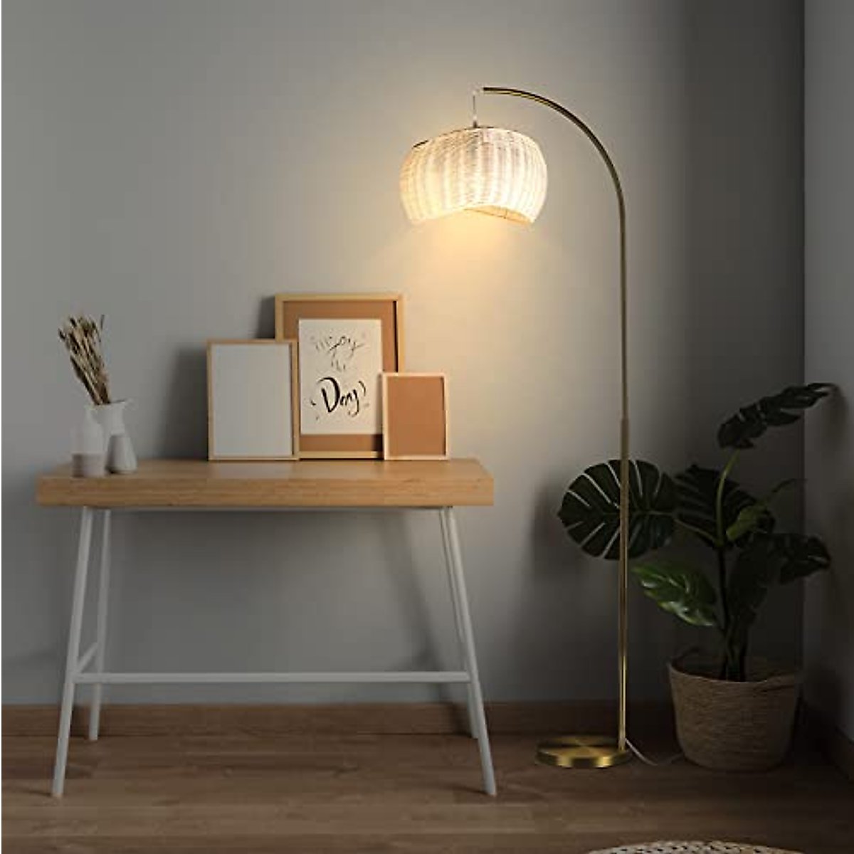 Brightech Wave Arched Floor Lamp – Unique Hanging Wicker Shade for Living Rooms – Rattan Style Matches Boho and Other Décor – Arcs Over Sofas and Dining Tables for Compliments - Brass