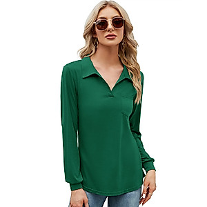 Women's Long Sleeve Polo Shirts V Neck Collared Work Tops Business Casual Tunic Blouse Pocket Green M