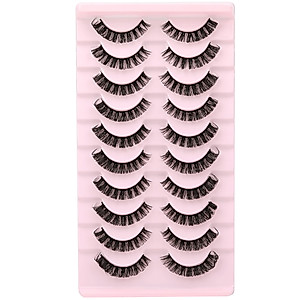 wiwoseo False Eyelashes Russian Strip Lashes D Curly Faux Mink Lashes Wispy Fluffy Volume Russian Lashes 3D Effect Fake Eyelashes 10 Pairs Pack