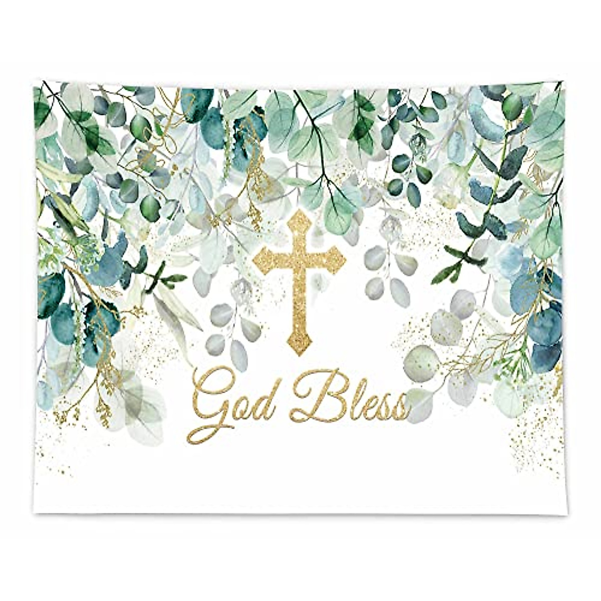 Funnytree 118" x 95" God Bless Backdrop Baptism Party First Holy Communion Christening Banner Decor Forest Leaves Baby Shower Photography Background Favors Gifts Supplies Photo Booth Props