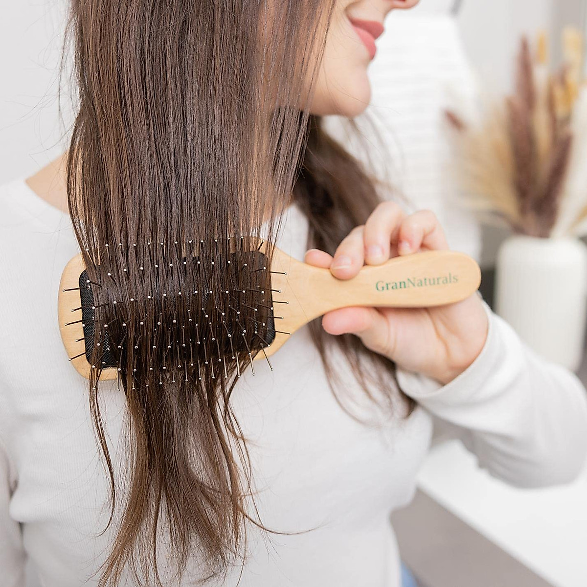 GranNaturals Metal Pin Bristle Hair Brush - Detangling, Anti-Static Paddle Grooming Tool - Rounded Steel Bristles, Ergonomic Wooden Handle - Scalp Massaging Comb - For Normal, Curly, Thick Hair, Wigs