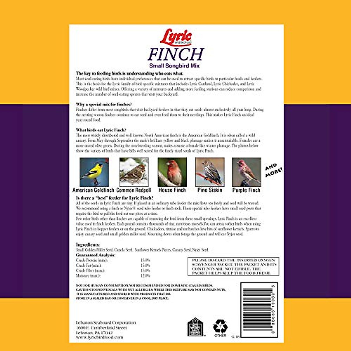 Lyric Finch - Small Songbird Wild Bird Seed - Attracts Goldfinches, House Finches, Purple Finches & More - 5 lb. Bag