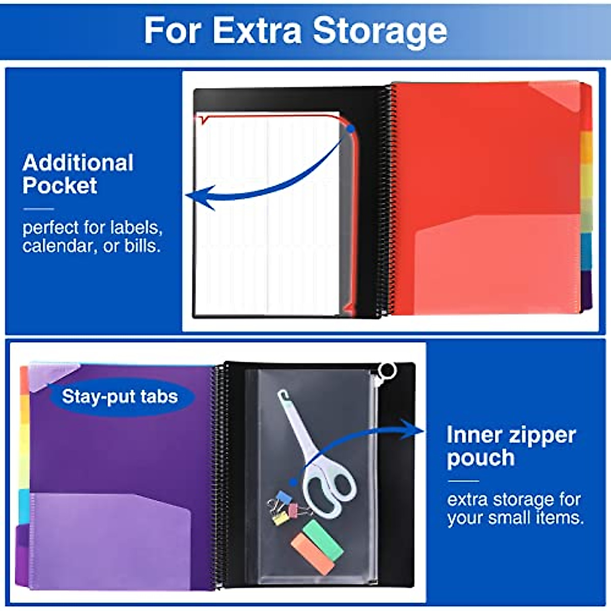 12 Pocket Project Organizer, Forvencer 1/6-cut Tab Binder Organizer with Sticky Labels, Multi Pocket Folder with Zipper Pouch, Folder Binder Spiral Pocket Organizer Folder Notebook, Letter Size, Black