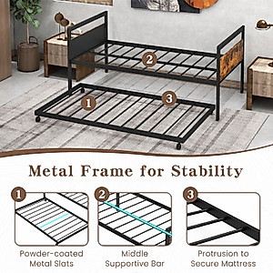 KOMFOTT Twin Size Metal Daybed with Trundle, Daybed Frame with Wooden Headboards, Metal Slat Support, Saving Space Metal Sofa Bed Frame for Living Room, Bedroom, Apartment, No Box Spring Needed