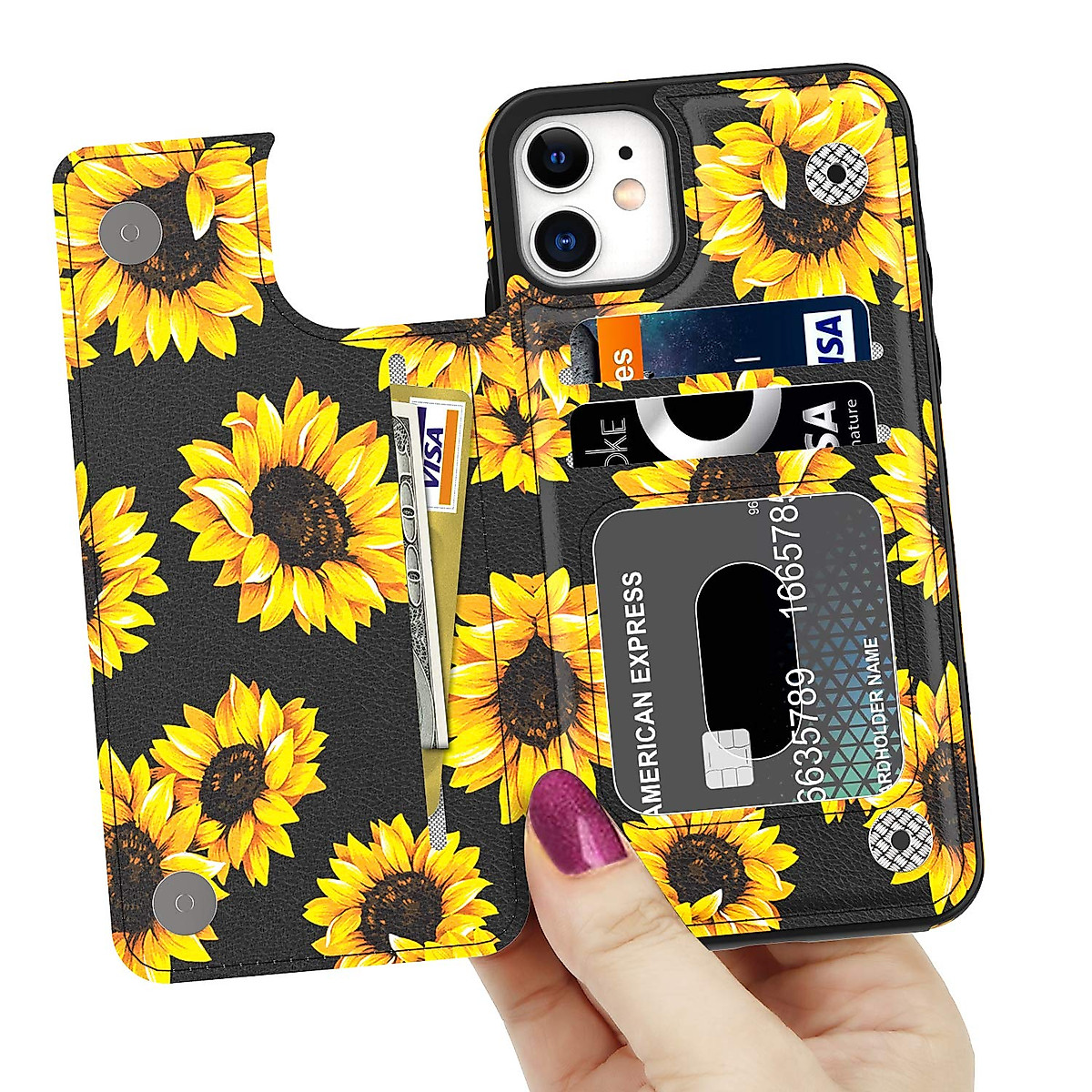 LETO iPhone 11 Case,Leather Wallet Case with Fashion Floral Flower Designs for Girls Women,with Kickstand Card Slots Cover,Protective Phone Case for Apple iPhone 11 6.1" Blooming Sunflowers