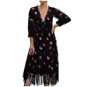 Daorokanduhp Fashion Women Long Dress Sexy Strawberry Sweet Mesh Yarn V-Neck Pleated Casual Ankle Length Sundress