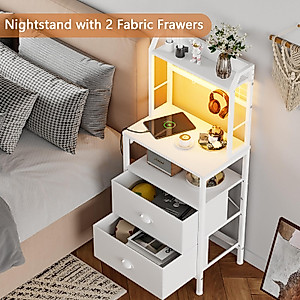 Furologee Tall Nightstand with Charging Station & LED Lights, 41'' Bedside Table with 2 Drawers & Pegboard, White Night Stand with Hooks & Folders, End Table with Shelves for Bedroom/Living Room