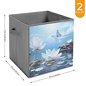 White Flower And Stone with Butterfly Foldable Storage Bins with Handles Storage Cubes Closet Organizer for Living Room Bedroom 2PCS