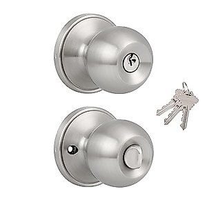 Knobonly Entry Keyed Alike Door Knobs with Lock and Key, Exterior Door Locks with Same Key, Front Door Handles Lock with Keys, Satin Nickel Entry Door Locksets, 3 Pack