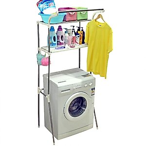 Hershii Over The Toilet Bathroom Storage Shelf Space Saving Organizer Rack Stand 2-Tier Shelving Units with Clothes Hanging Rod Rail - Ivory