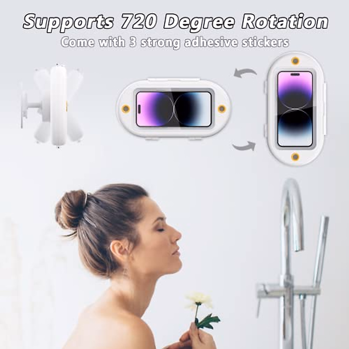 URROY Shower Phone Holder Waterproof, Shower Cell Phone Case for Bathroom Kitchen Wall, 720 Rotating Phone Mount Shelf with Sound Holes, Compatible with 4"- 6.8" Cell Phones