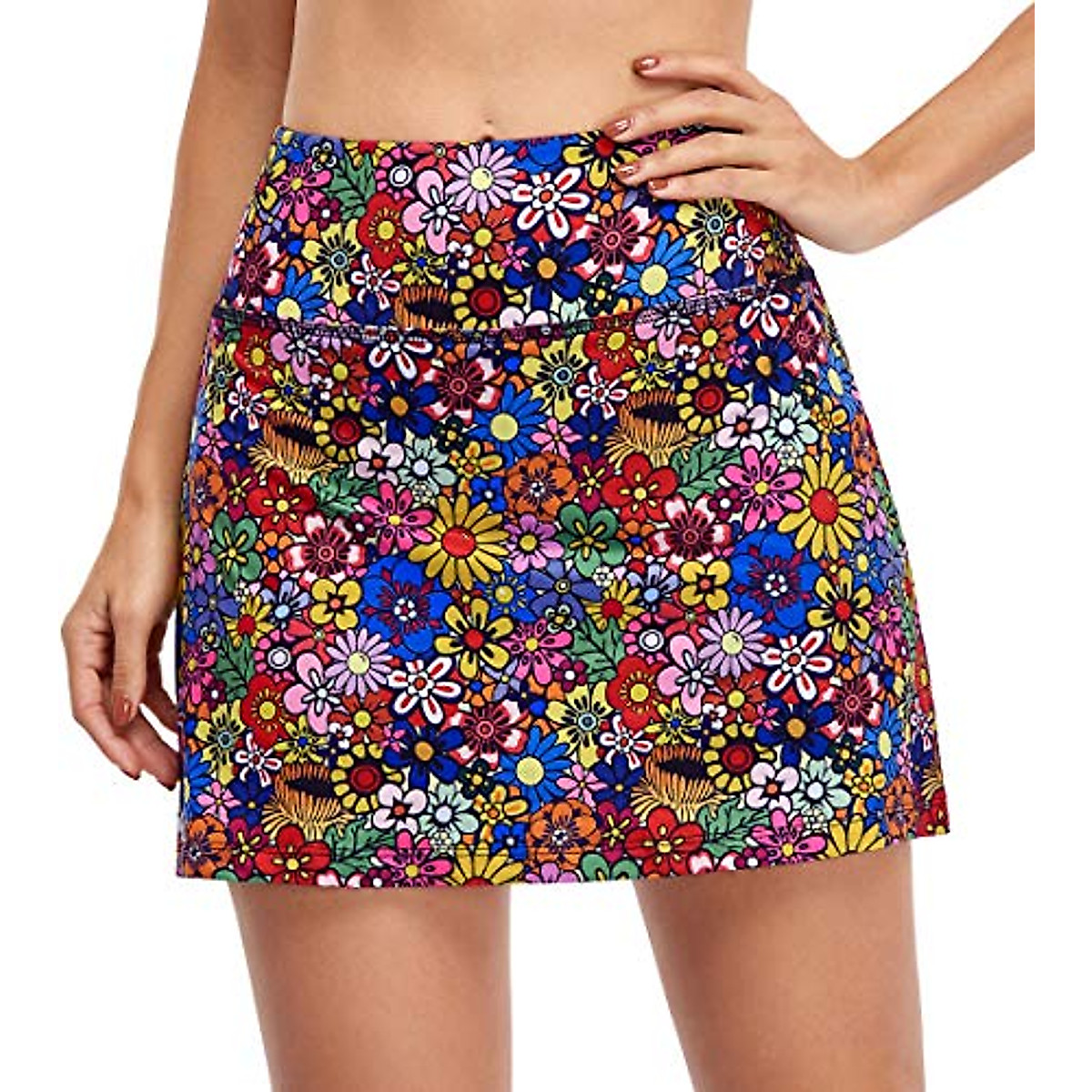 Fulbelle Tennis Skirt with Shorts, Cute Casual Summer Athletic Golf / Running Skorts with Pockets for Women, Colorful Flower Large