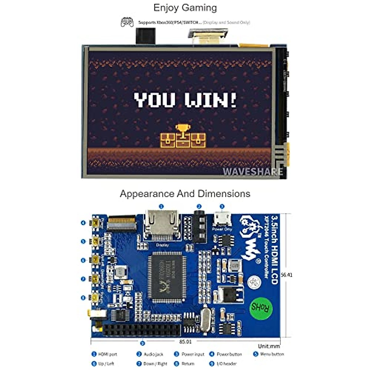 Waveshare Resistive Touch Screen IPS HDMI LCD in 3.5inch Compatible with Raspberry Pi 4B/3B+/3B etc. Series Boards Supports PC