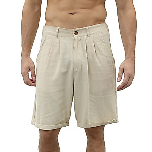 Men's Linen Casual Beach Shorts Cotton Classic Summer Shorts with Buttons Elastic Waist Khaki