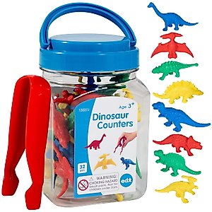 Edx Education Dinosaur Counters - Mini Jar Set of 32 - Learn Counting, Colors, Sorting and Sequencing - Math Manipulative for Kids