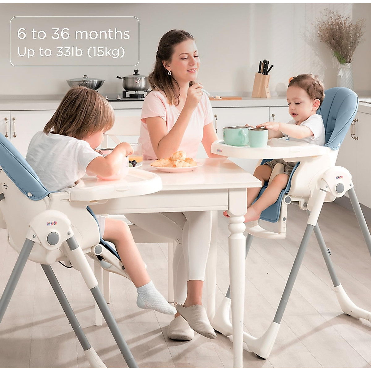 KÜB 3-in-1 Foldable Baby High Chair (Blue) | Multifunctional Infant HighChair for Babies & Toddlers | Removable Seat & Tray for Easy Clean | 7 Height & 4 Recline Adjustable | 2 Locking Wheels | Safe