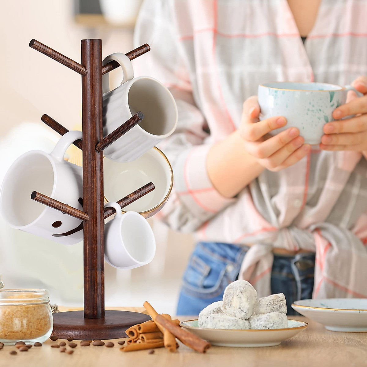 Patelai Coffee Mug Tree with 6 Hooks Wood Mug Holder Tree Mug Stand Hanger Kitchen Coffee Mug Tree Countertop Tea Cups Holder Stand 14 Inch Removable Mug Stands(Brown)