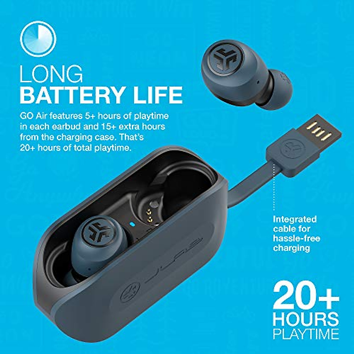 JLab Go Air True Wireless Bluetooth Earbuds + Charging Case | Dual Connect | IP44 Sweat Resistance | Bluetooth 5.0 Connection | 3 EQ Sound Settings Signature, Balanced, Bass Boost… (Blue)