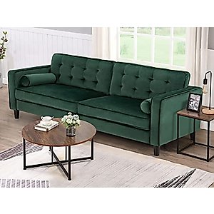 Esright 84.2" Velvet Couch Sofa with 2 Bolster Pillows,Green Office Sofa Mid-Century Couch for Living Room 3 Seats Couch for Apartment