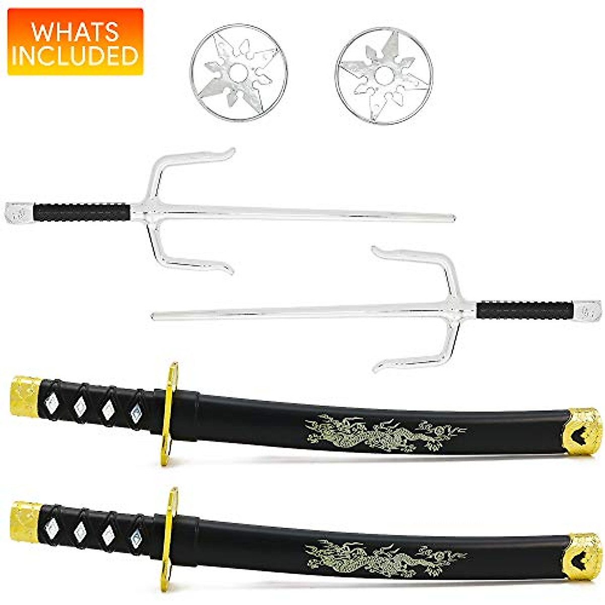 Skeleteen Ninja Sword Toy Set - Fighting Warrior Costume Set with Katana Swords, Sai Daggers, and Shuriken Stars - 6 Pieces