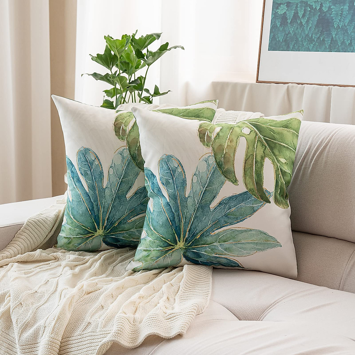 Green Tropical Leaves Throw Pillow Covers Set of 2 Decorative Monstera Palm Leaf Couch Pillow Case Botanical Plant Outdoor Pillow Covers Waterproof Fabric for Patio Bedroom Living Room, 18" x 18", C2