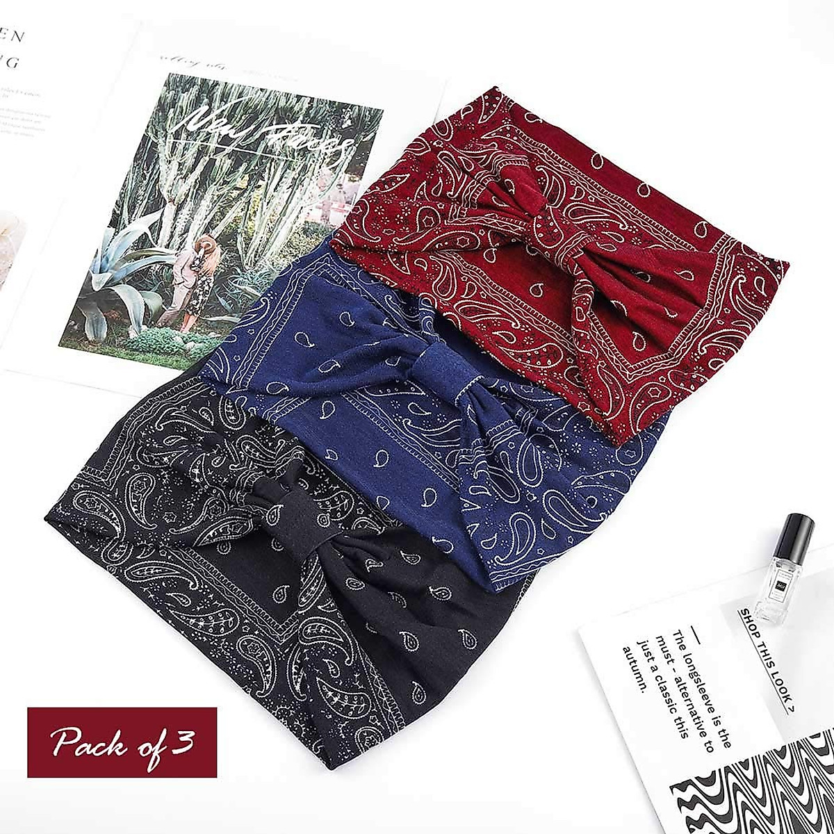 GORTIN Extra Wide Headbands for Women Boho Knotted Turban Head Wraps Stretchy African Head Band Motorcycle Headband Hair Accessories for Women Pack of 3