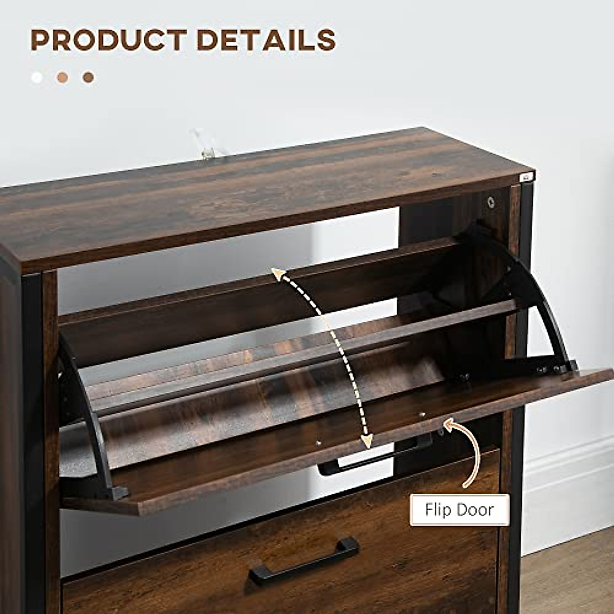 HOMCOM Shoe Cabinet with 2 Flip Doors, Slim 2-Drawer Shoe Cupboard with Divider and Open Compartment for 12 Pairs of Shoes, Entryway Storage Unit, Rustic Brown