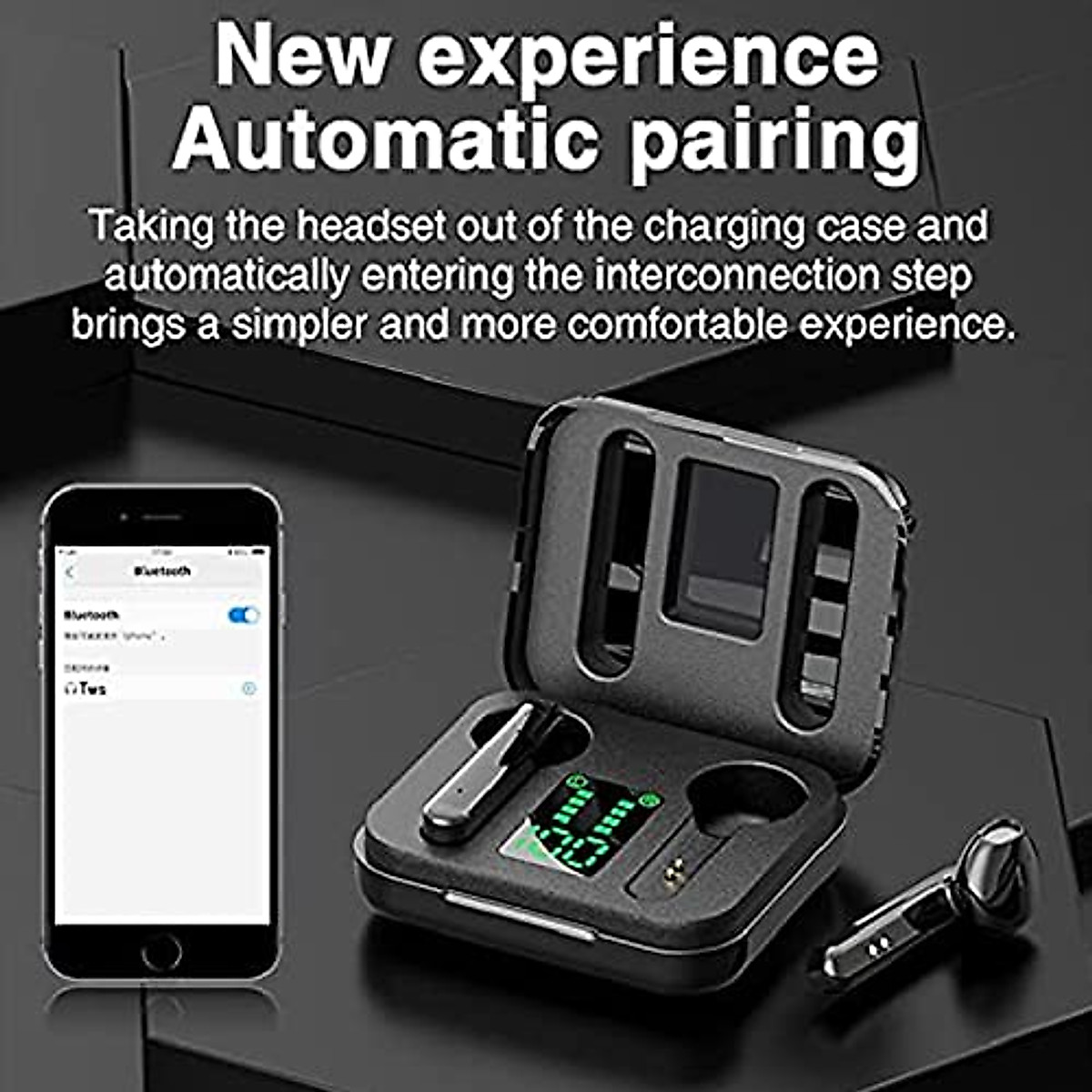 Wireless Earbuds, LED Bluetooth 5.1 Earbuds HiFi Sterero, IPX5 Waterproof Touch Control True Wireless Earbuds with Microphone, Bluetooth Headphones for Sport and Working Black