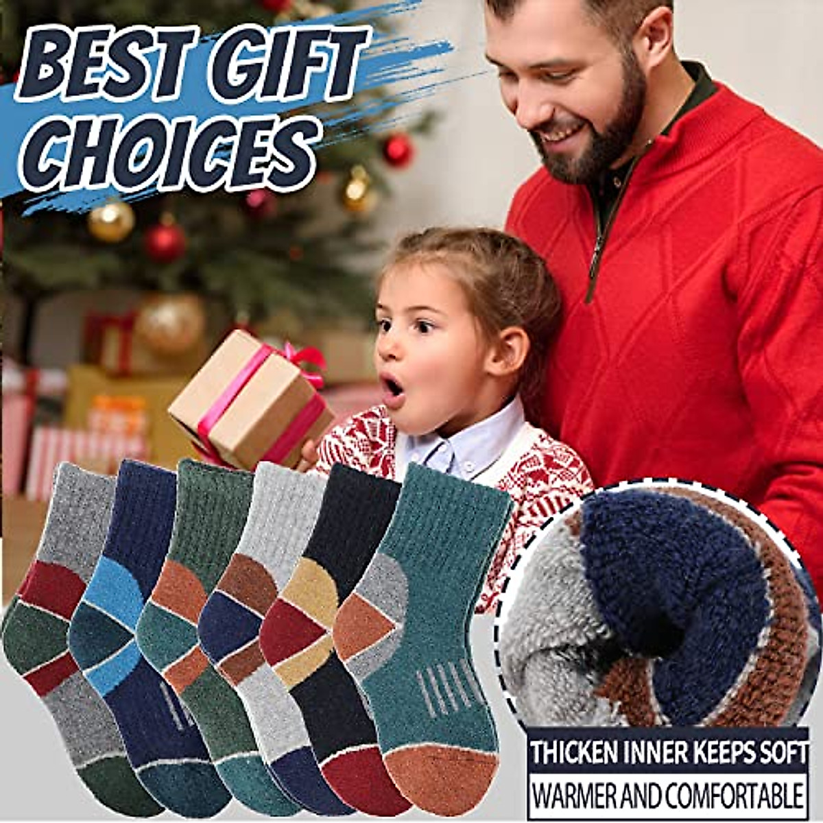 Kids Merino Wool Hiking Socks Boys Toddlers Girls Winter Thermal Thick Warm Boot Cushion Ski Snow Gift Socks Stocking Stuffers 6 Pairs (Color matching, 8-12 Y)