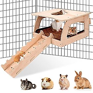 Haldane Guinea Pig Hideout - Wooden Small Animal Hideout with Mat & Ladder, Ventilated Small Animal House with Multiple Doors for Chinchilla Guinea Pig Hamsters Bunny