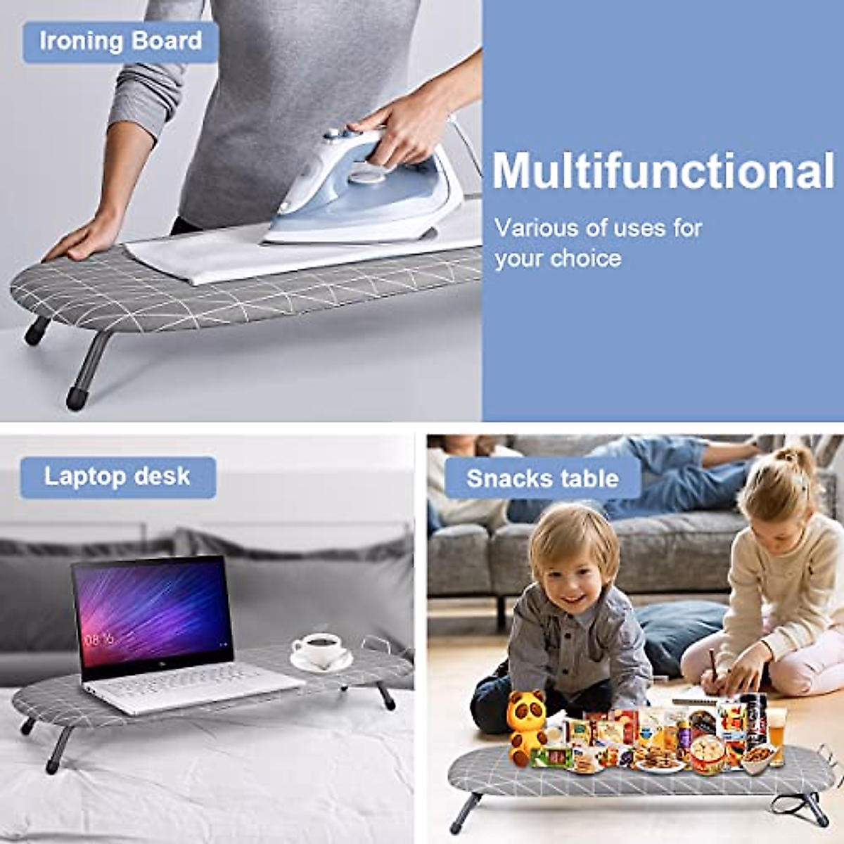 Johgee Foldable Tabletop Ironing Board with Iron Rest, Small Ironing Board with 2 Cotton Covers, Portable Mini Ironing Board with Non-Slip Folding Feet for Home, Laundry Rooms, Travel Use and Dorms